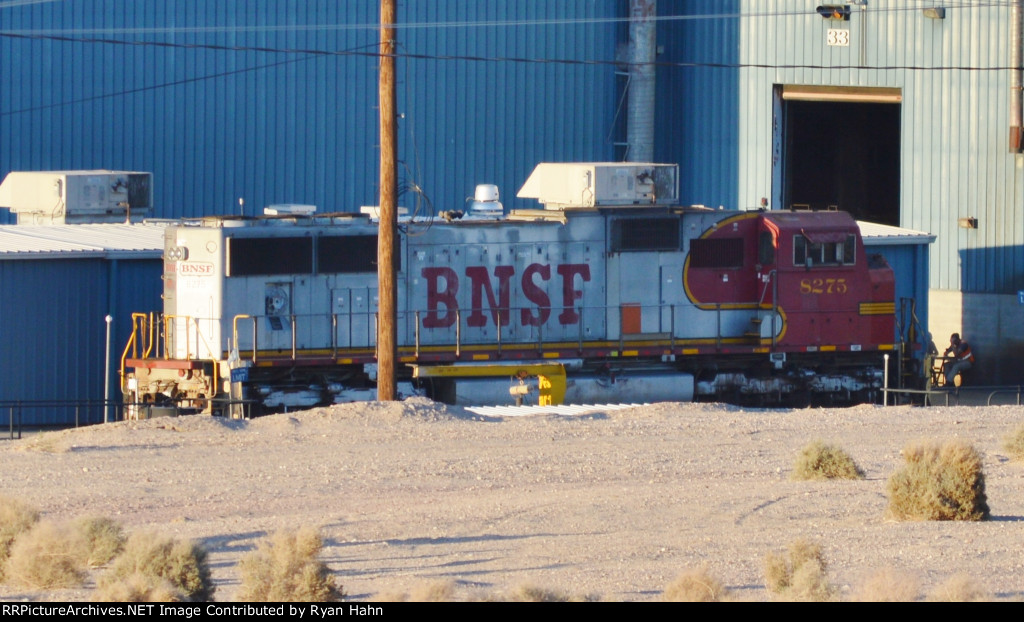 Giant Lettered BNSF Warbonnet SD75M 8275 at the Engine Shops